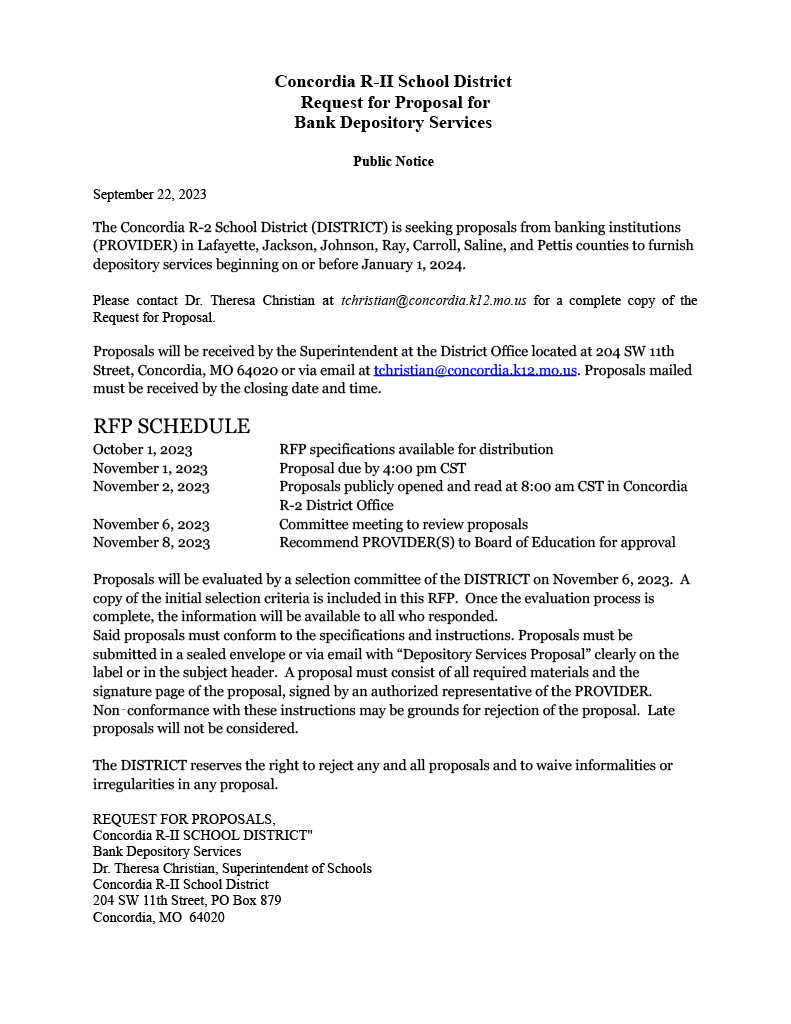 Concordia R-2 School District - RFP: Bank Depository Services